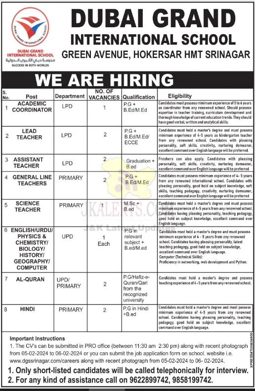 Recruitment of Various Jobs in Dubai Grand International