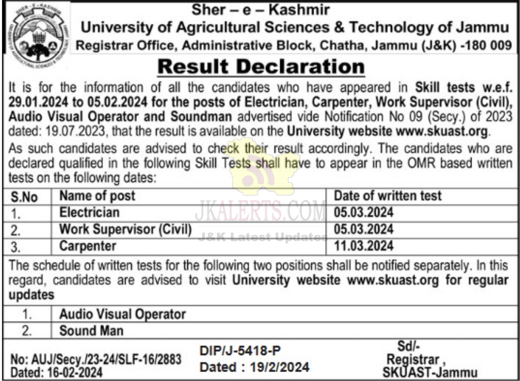 SKUAST Result Declaration for Various Post. | JKAlerts JK
