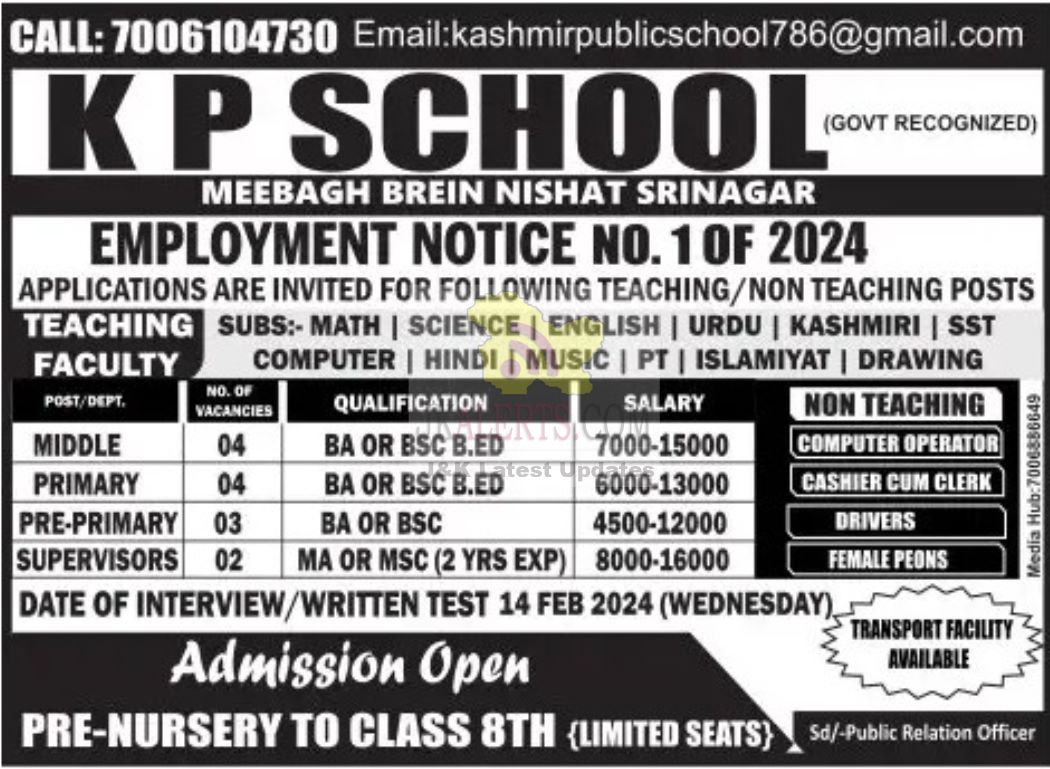 Teaching and Non Teaching Faculty Jobs in KP School Srinagar