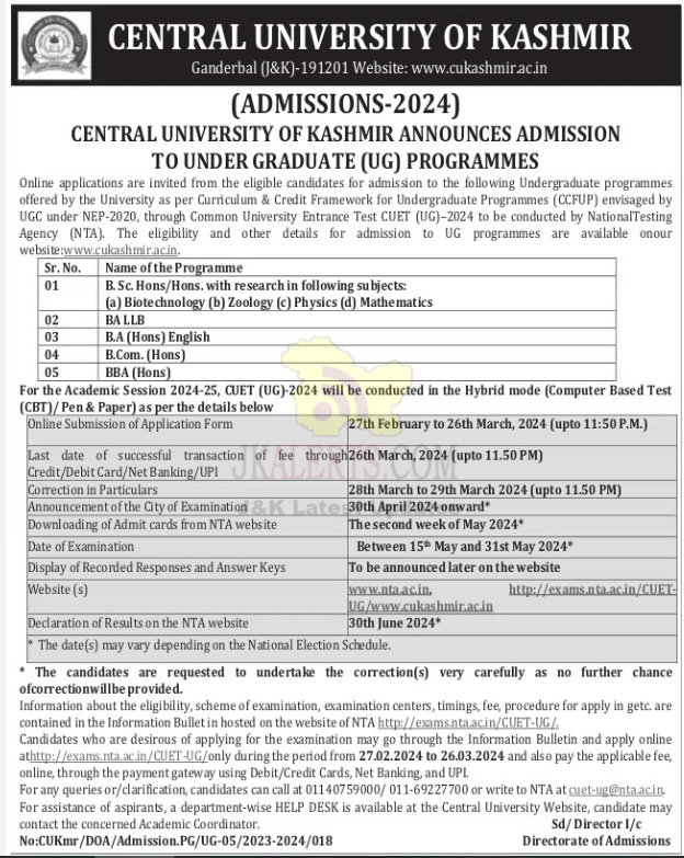 Central University of Kashmir Admission Notice.