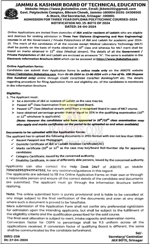 JKBOTE Admission to Diploma(Engineering and Non Engineering
