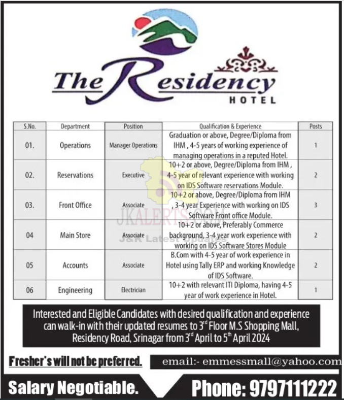 Jobs in The Residency Hotel. | Govt Private Jobs updates Jammu, Kashmir ...