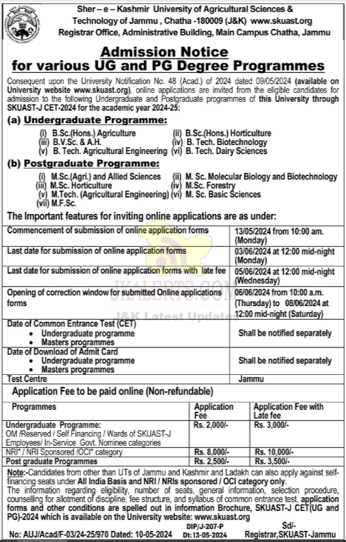 SKUAST Admission Notice for UG and PG Programmes. | Govt Private Jobs ...