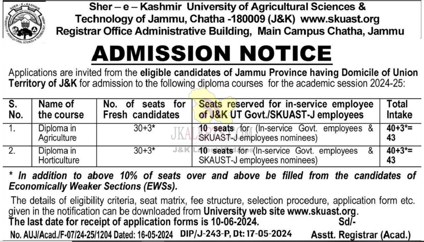 SKUAST Diploma Courses Admission Notice. | JKAlerts JK