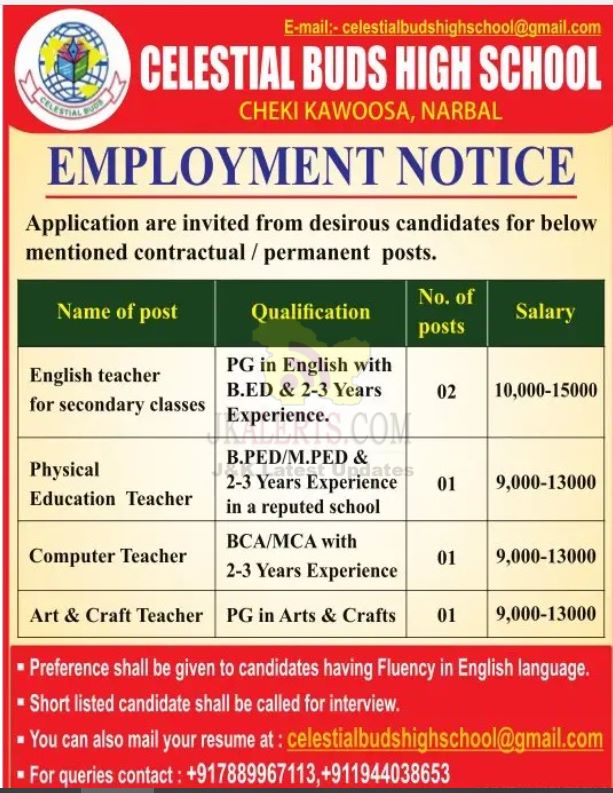 Teacher Jobs in Celestial buds high school.