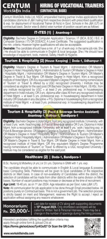 Centum WorkSkills India Hiring Vocational Trainers Jobs in J&K.