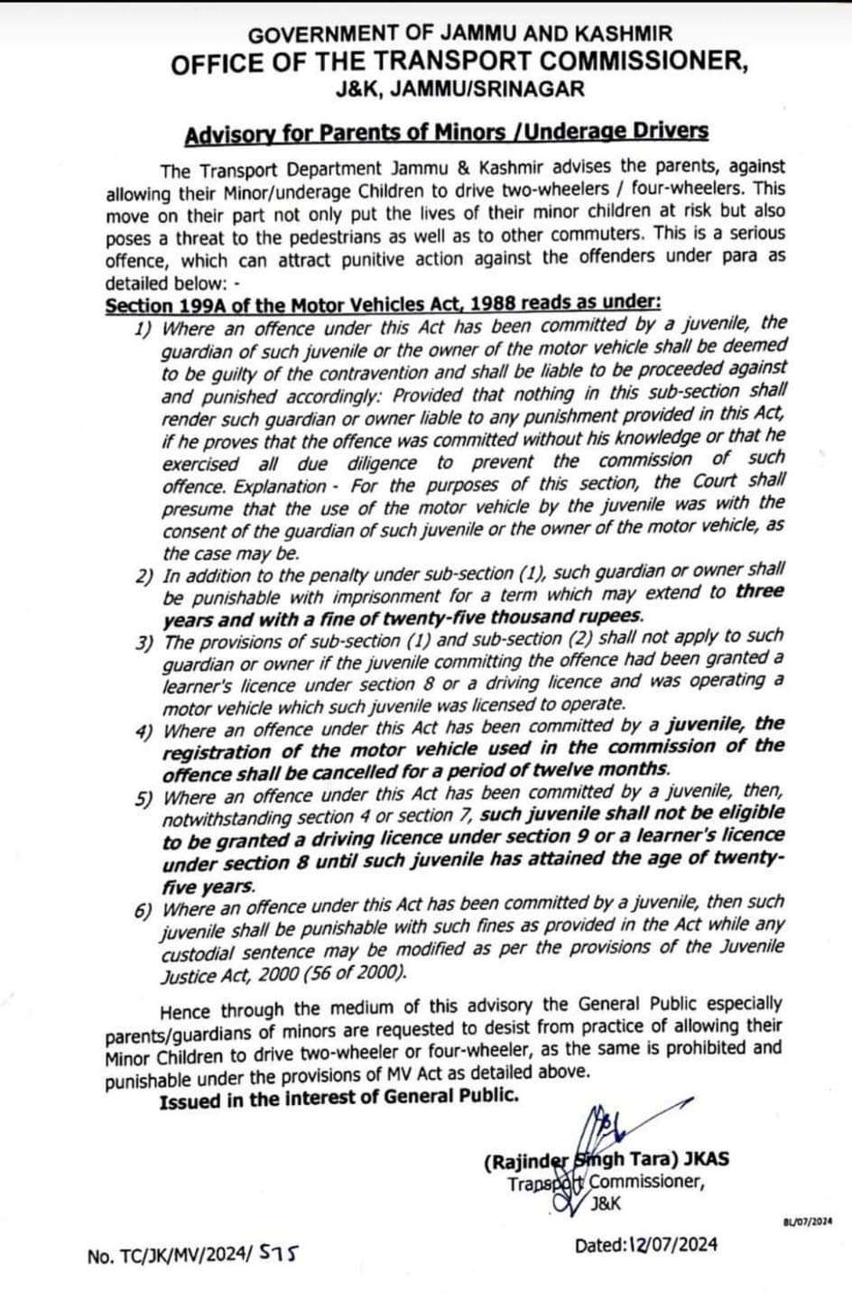 Advisory to Parents of Minor and Underaged Drivers JKAlerts