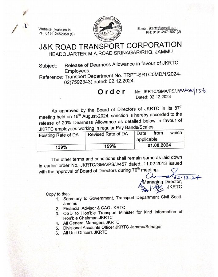 Transport Minister approves release of 20% DA in favour of JKRTC employees.