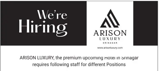 Hotel Arison Luxury Srinagar Jobs Recruitment 2025. JKalerts