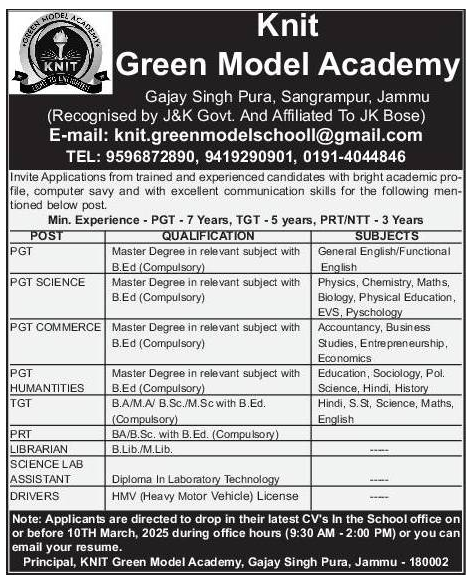 Knit Green Model Academy Jammu Jobs. | jkalerts
