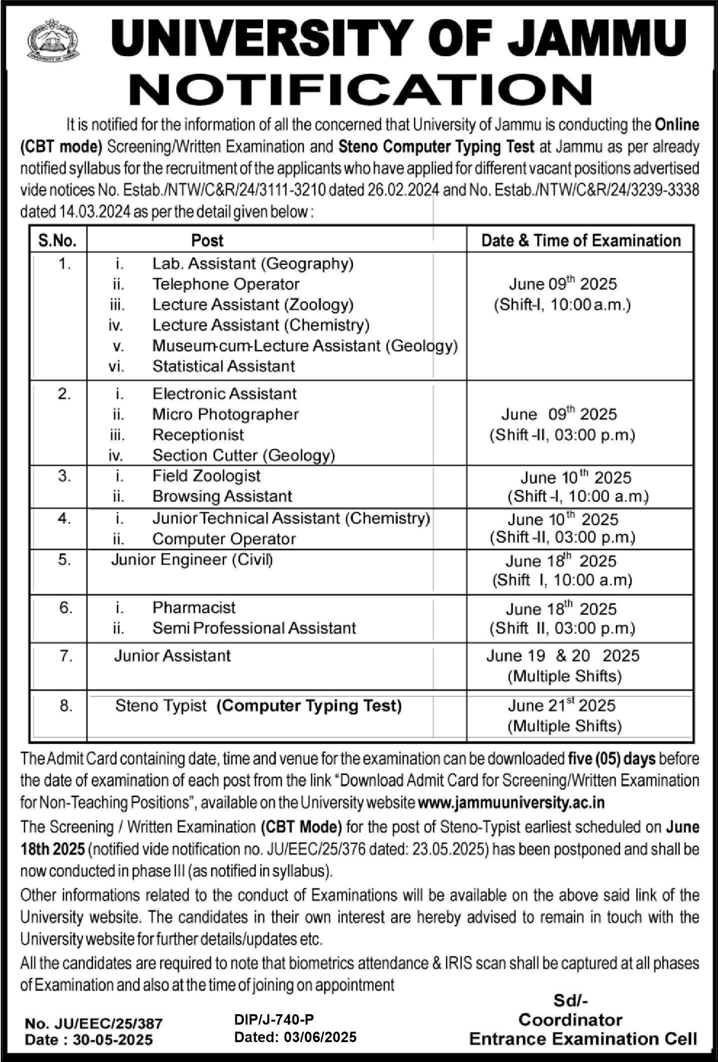 Jammu University Written Exam and Steno Computer Typing Test scheduled.