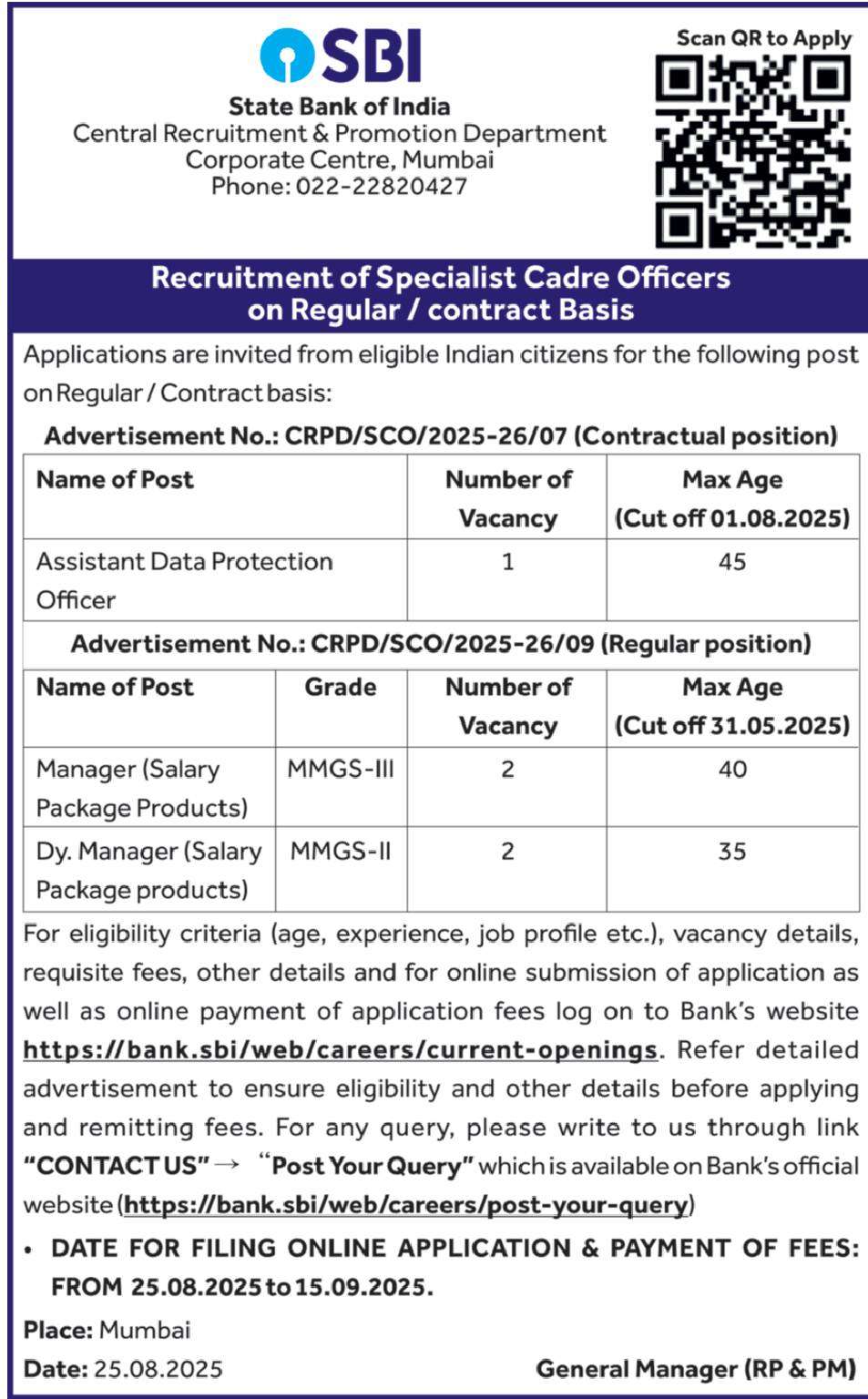 SBI Recruitment 2025 – Specialist Cadre Officers | jkalerts