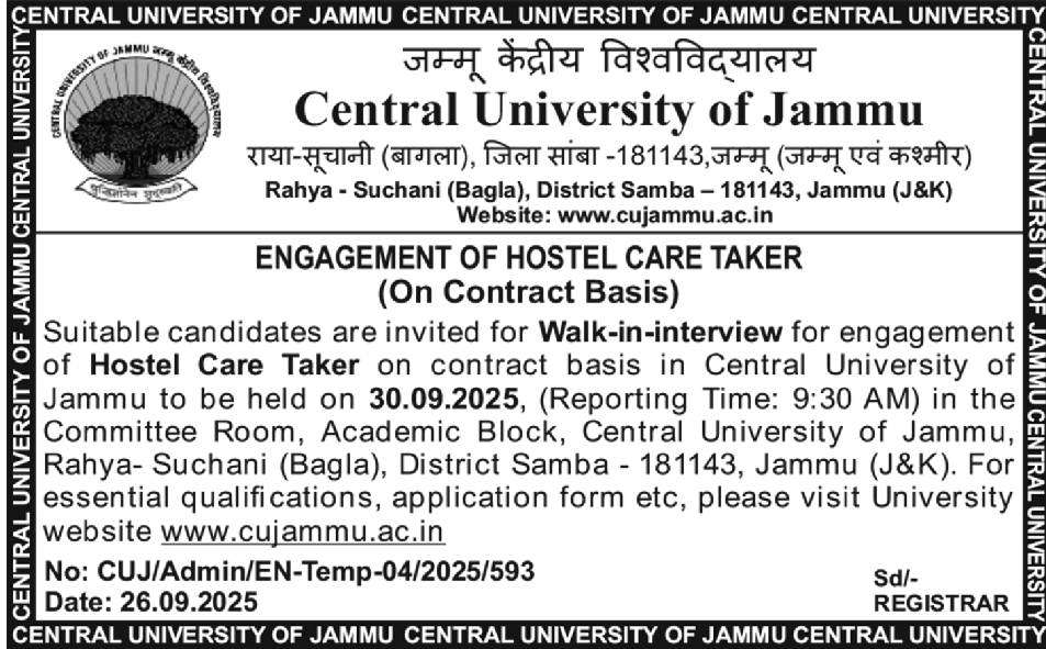 Central University of Jammu Jobs Hostel Care Taker post. | Govt Private ...
