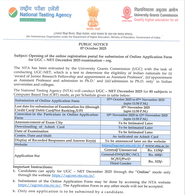NTA begins the registration process for UGC NET December 2025 | Govt ...