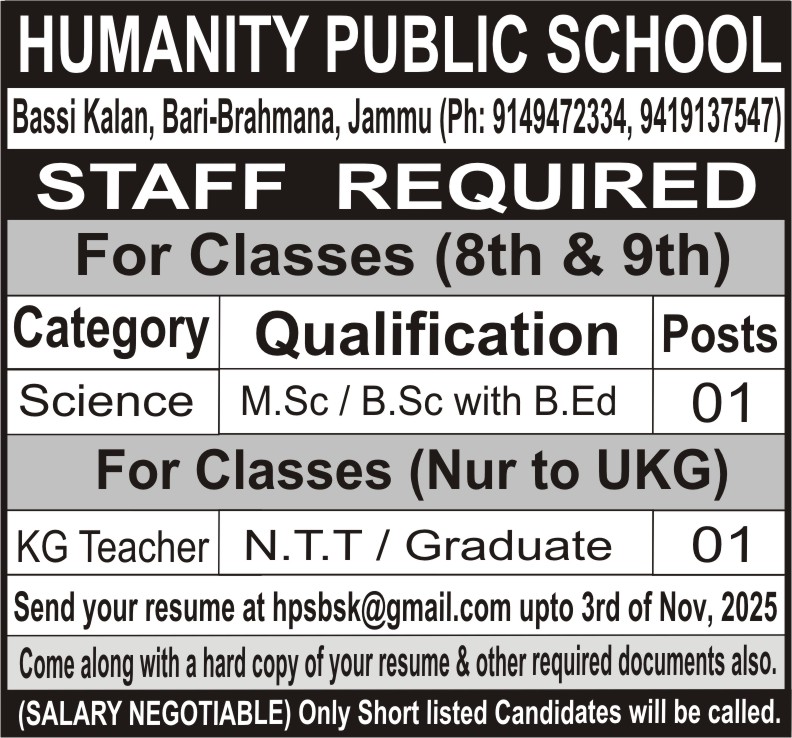 Humanity Public School Jobs Teaching Jobs. | Govt Private Jobs updates ...