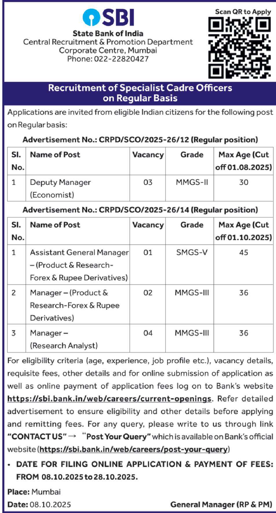 SBI Recruitment 2025 Specialist Cadre Officers. | Govt Private Jobs ...