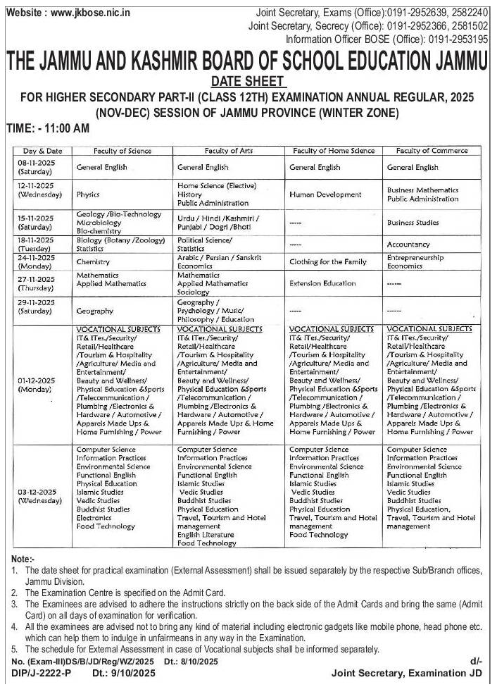 JKBOSE Class 12th Date Sheet Jammu Province. | Govt Private Jobs ...