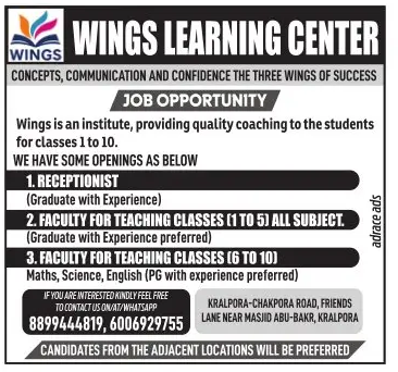 Faculty, Receptionist jobs in wings learning center. | Govt Private ...