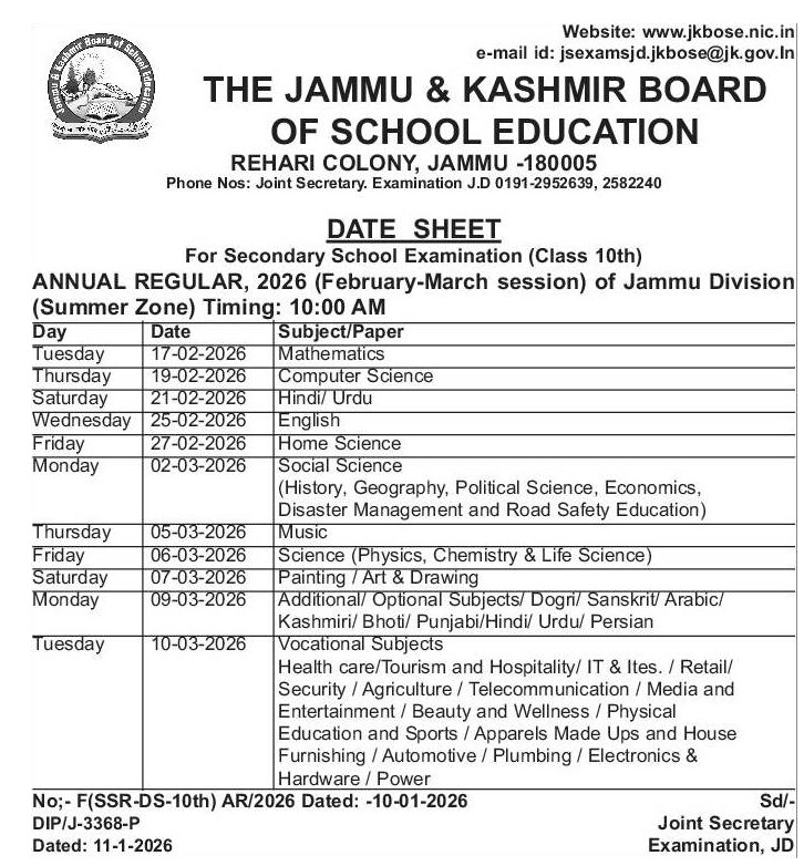 JKBOSE Class 10th Date Sheet 2026 – Jammu Division (Summer Zone) | Govt ...