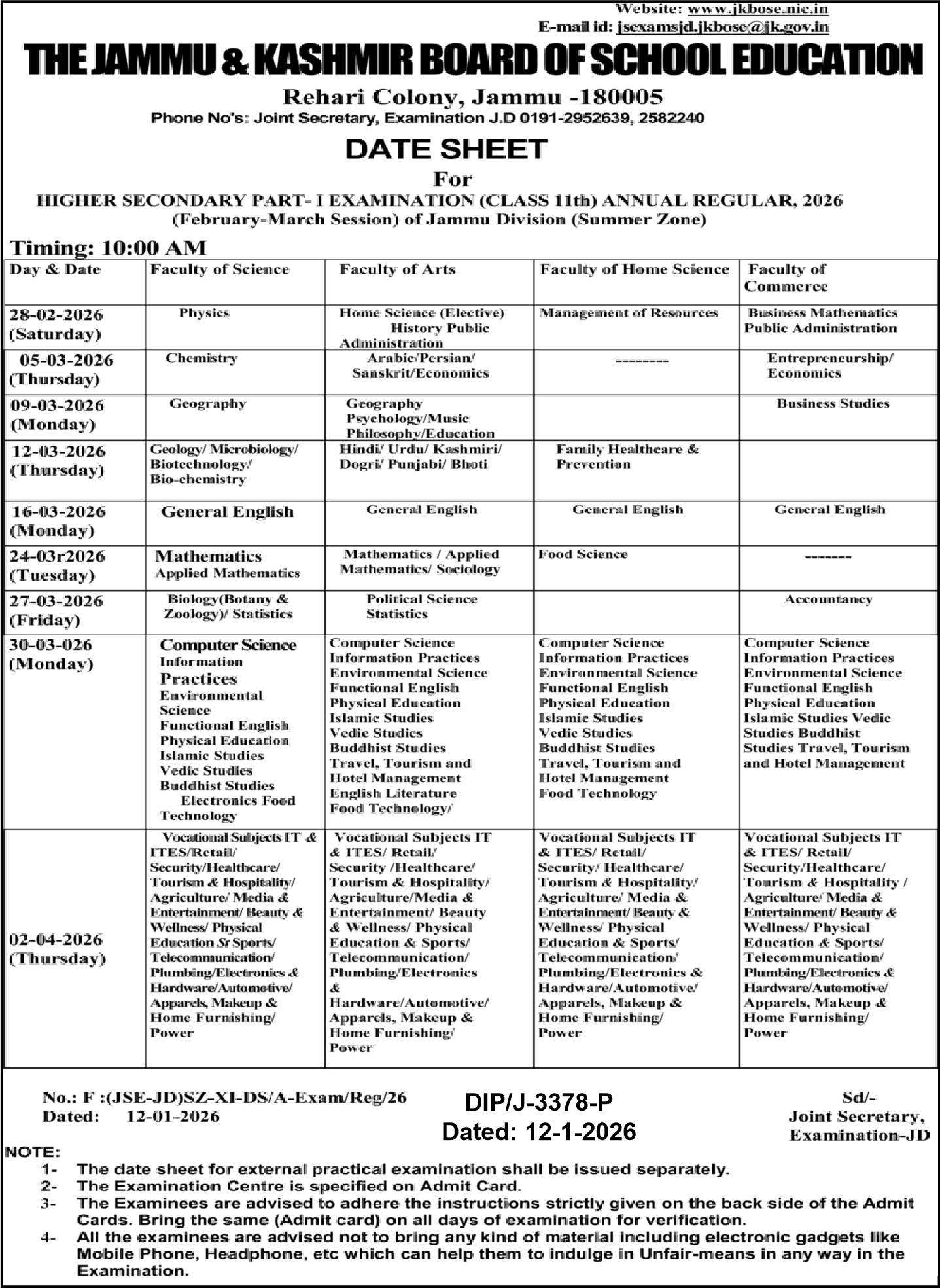 JKBOSE Class 11th Date Sheet 2026 | jkalerts Jkupdates