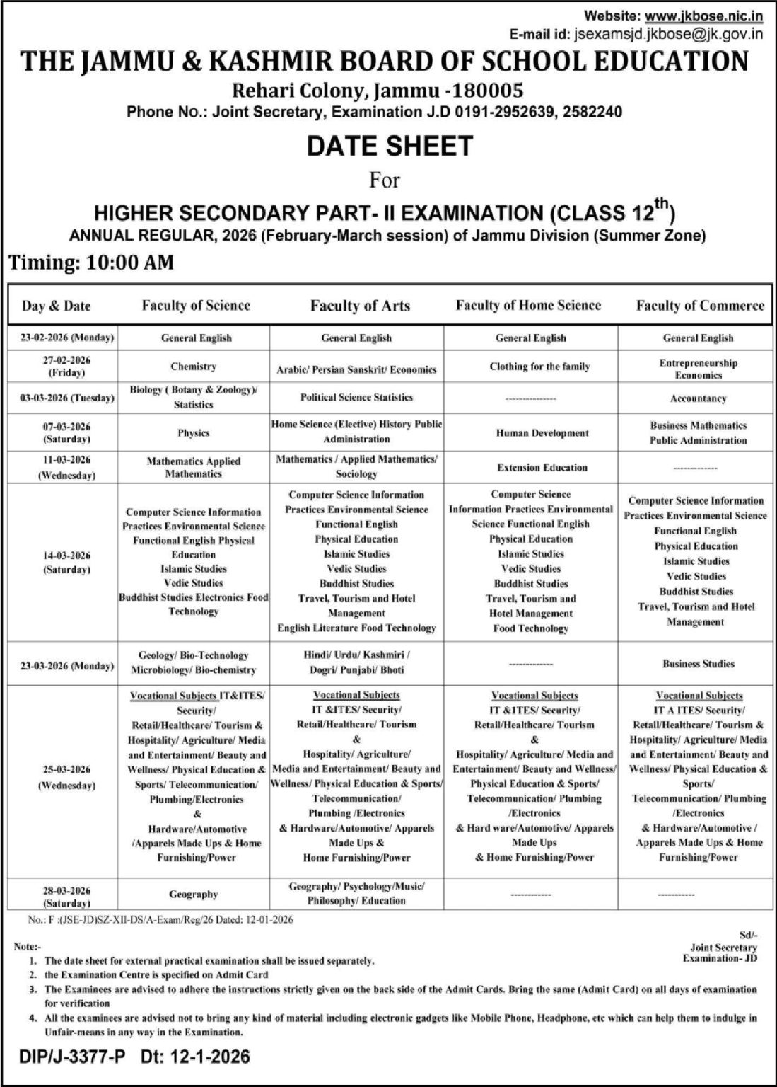 JKBOSE Class 12th Date Sheet 2026. jkalerts jkupdates