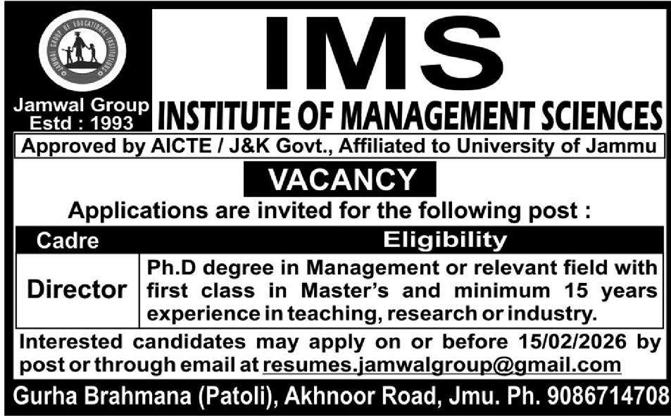 Institute of Management Sciences IMS Jammu Jobs. | Govt Private Jobs ...
